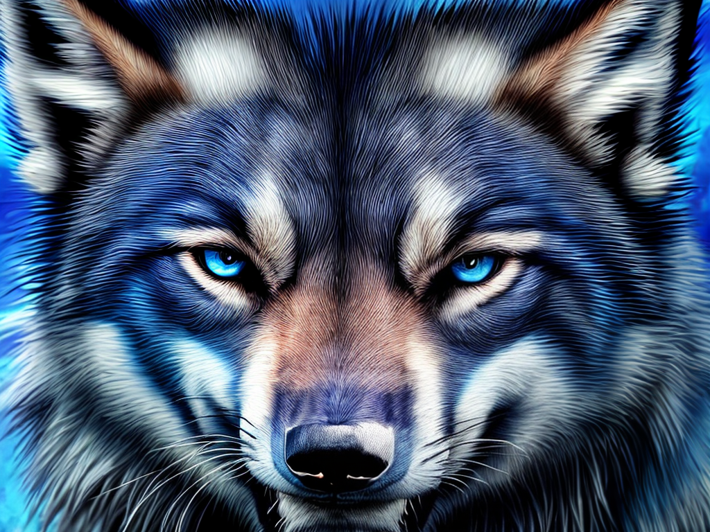 Tribal wolf face blue eyes mouth shut one head with wood back ground