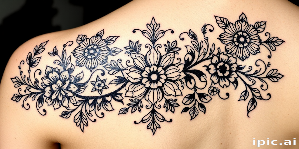 Intricate Floral Tattoo Design Adorning the Upper Back of a Person