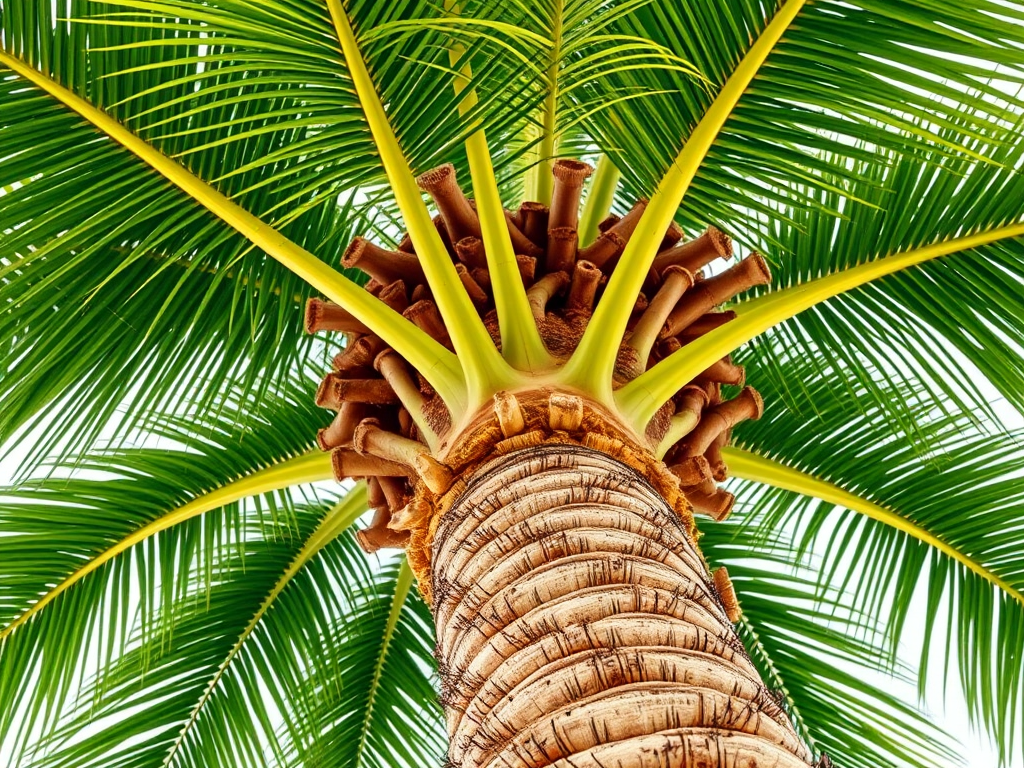 Majestic Palm Tree Viewed from Below, Showcasing Its Lush Green Fronds
