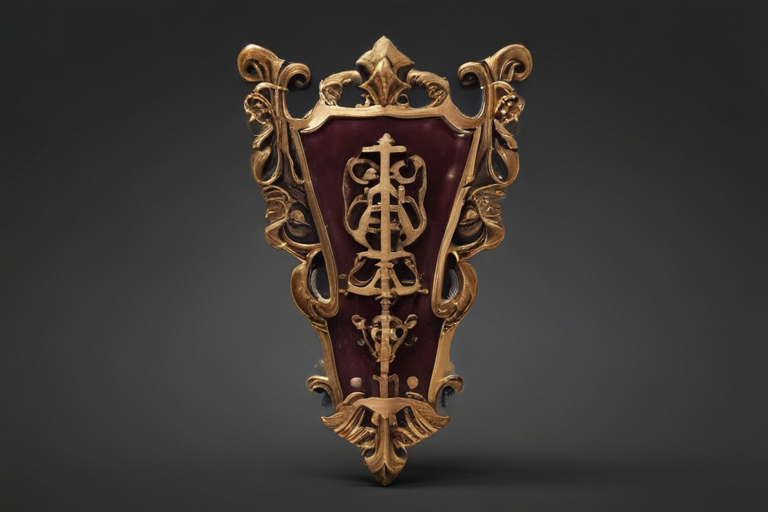 Ornate Decorative Shield Featuring Intricate Gold and Burgundy Design ...