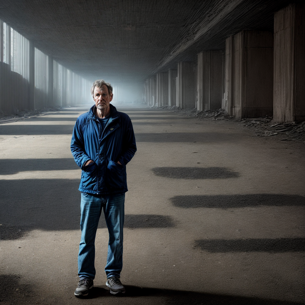 An exhausted, worn out man alone, facing the camera in a dilapitated ...