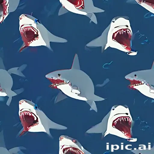 Colorful Pattern Featuring Sharks with Open Mouths Against a Blue ...