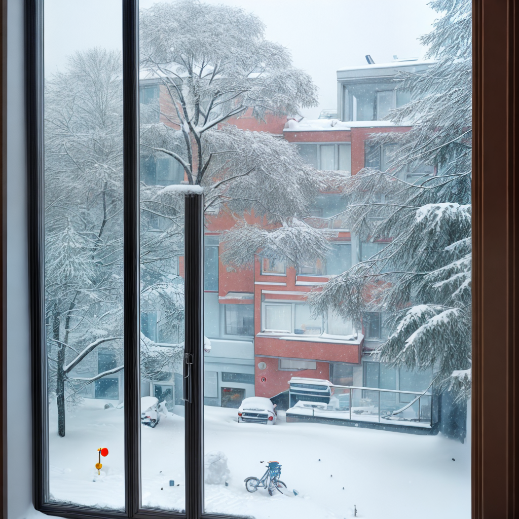 lots of snow falling outside the window in apartment in berlin