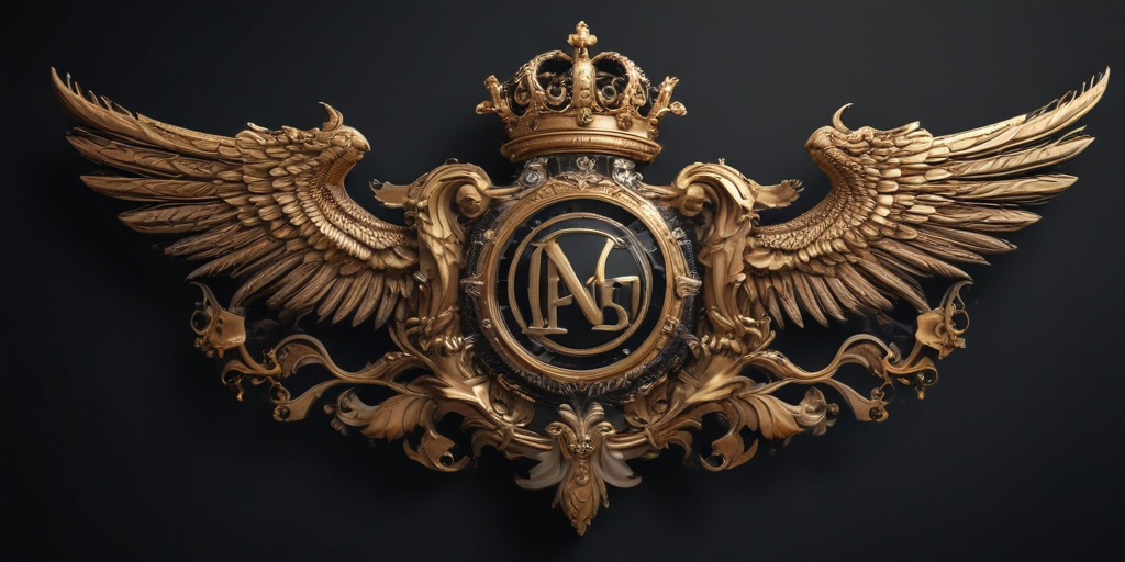 Ornate Golden Crest with Wings and Crown Symbolizing Royalty and Prestige