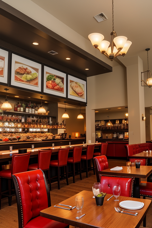 Charming Restaurant Interior with Elegant Red Seating and Delicious ...