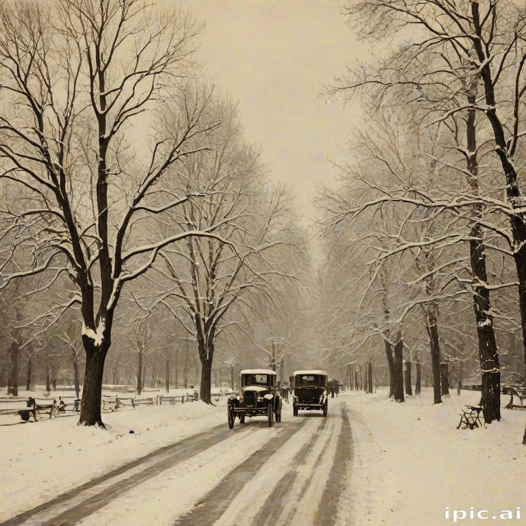 Vintage Winter Scene with Classic Cars Driving Through Snowy Tree-Lined ...