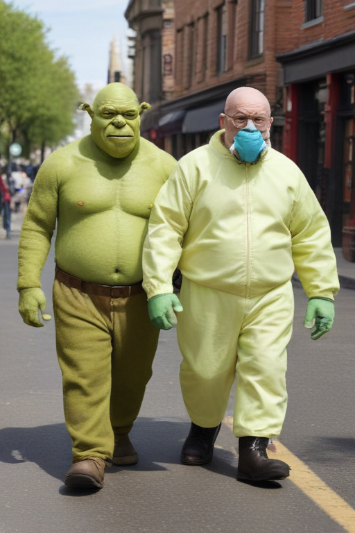 shrek and walter white walking in street