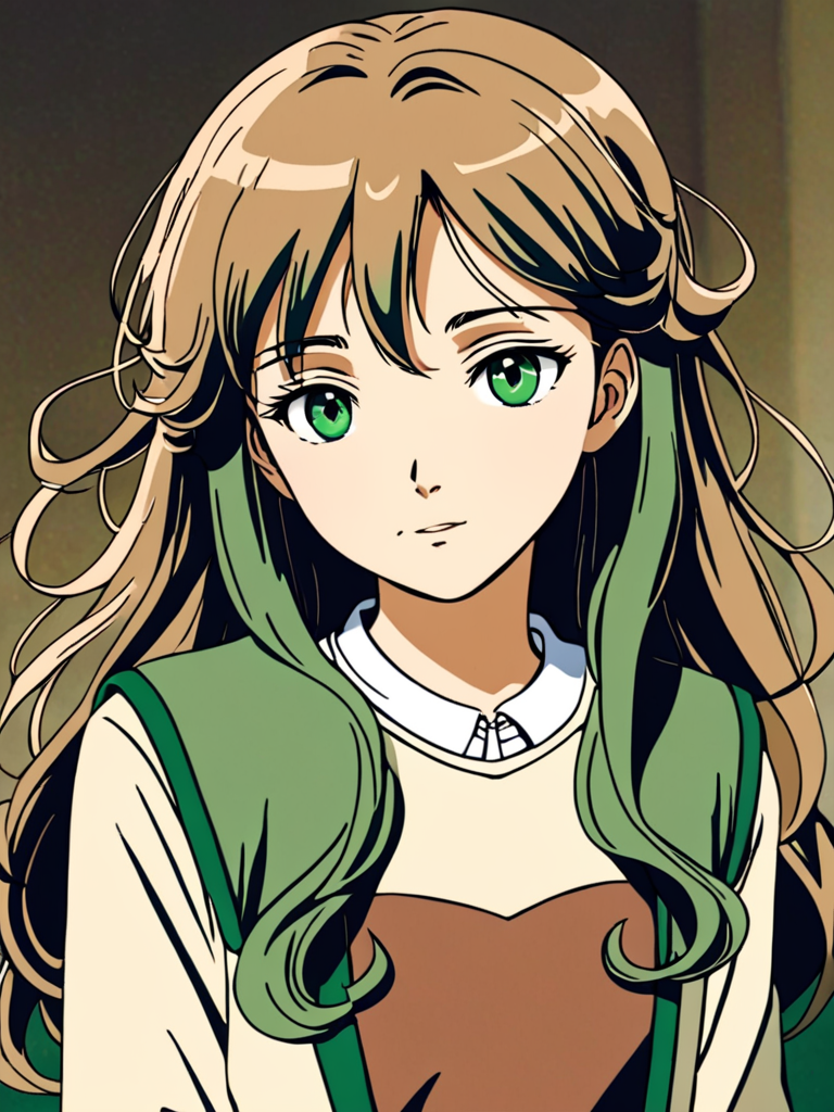 girl, manga, ghibli, cute, anime, long curly brown hair, dark green ...