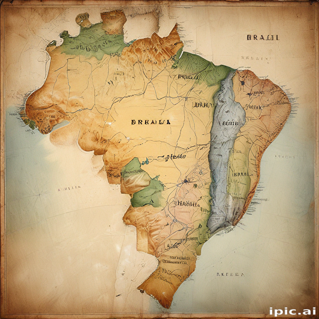 Historical Map of Brazil Highlighting Regions, Topography, and Major Cities