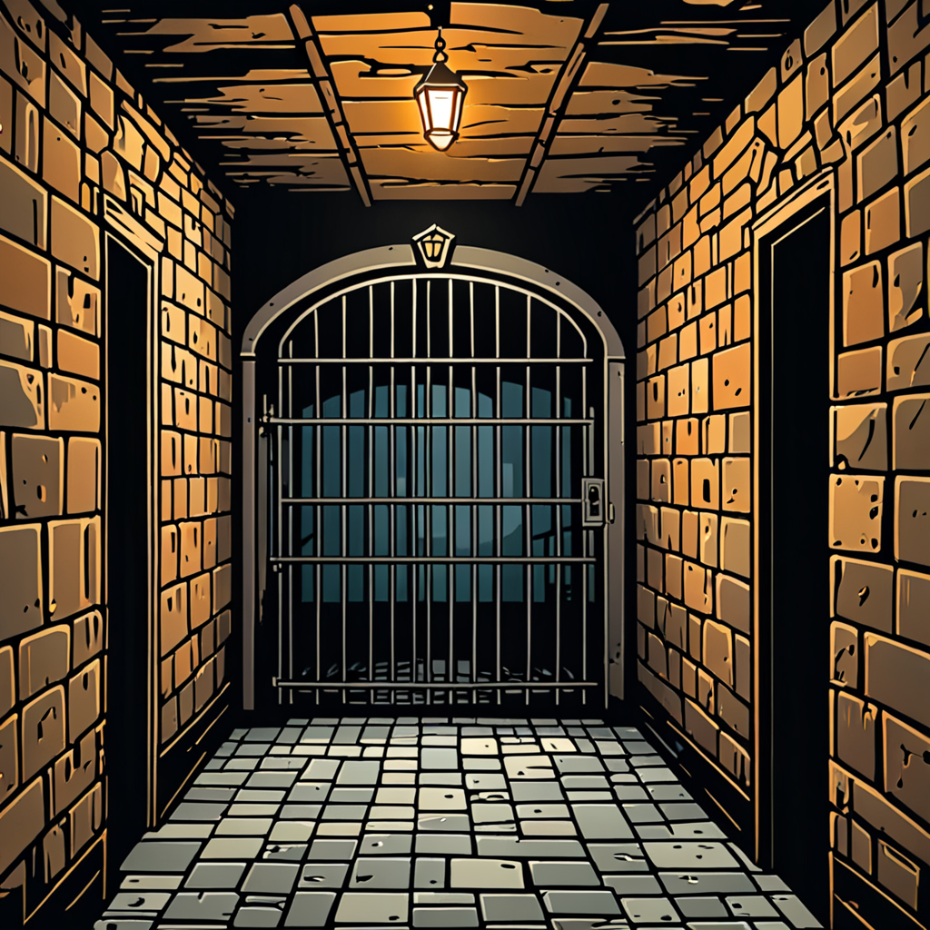 prison cell in the basement of a medieval castle. Night. Flat colors.