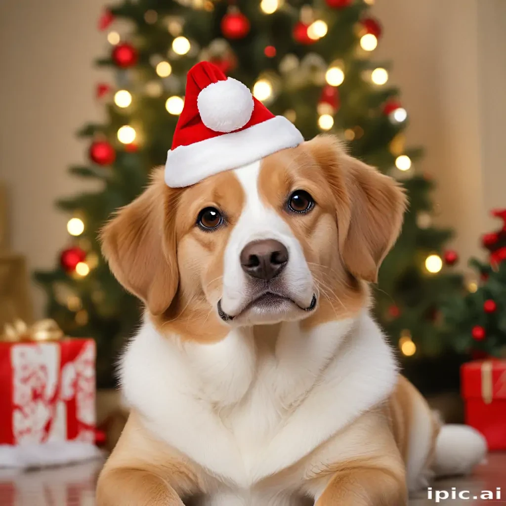 Adorable Dog Wearing Santa Hat Surrounded by Christmas Decorations and ...