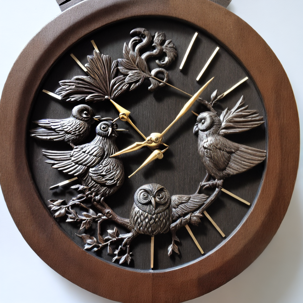 black painted wooden cuckoo clock with oak leaves and owls carvings