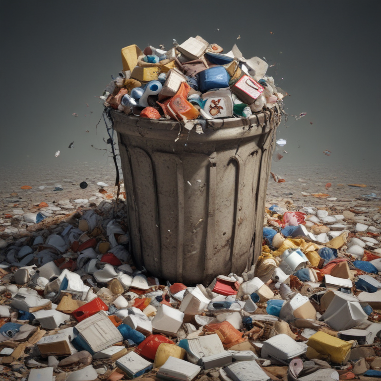 A Overfilled Trash Can Surrounded by Various Pieces of Litter Everywhere
