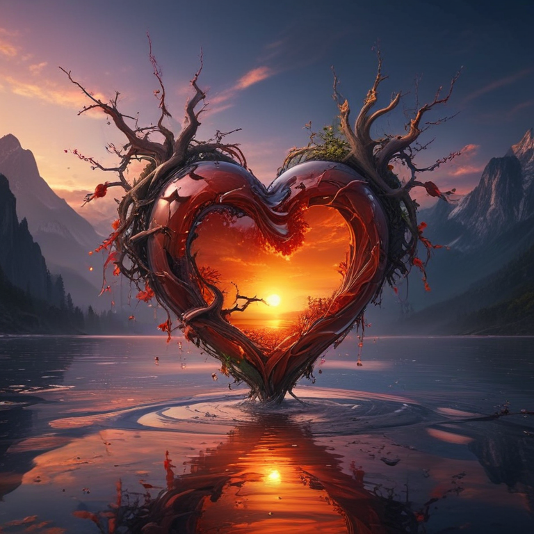 Enchanting Sunset Over a Heart-Shaped Landscape Surrounded by Nature's ...