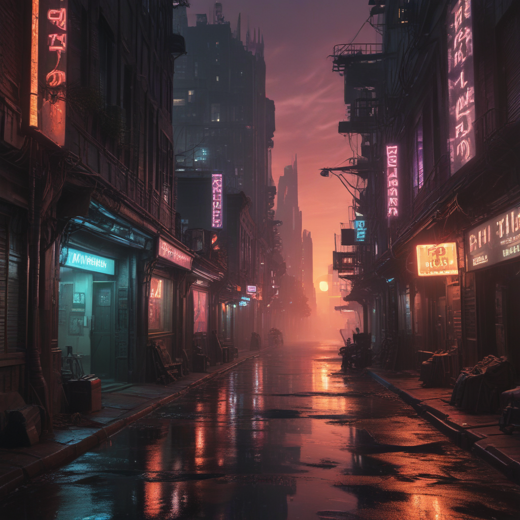 blade runner street piranesi style neon reflex sunset