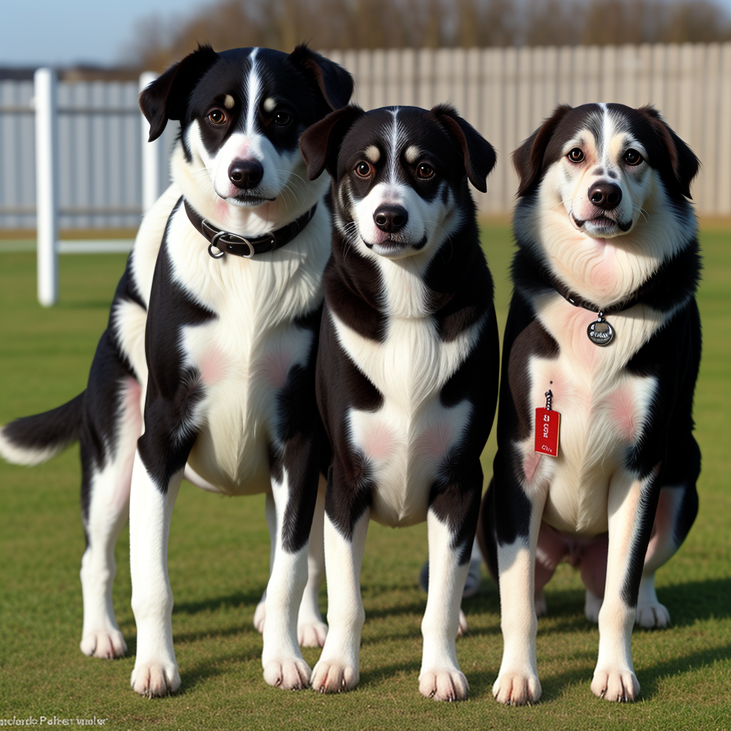 Three Adorable Black and White Dogs Posing Together in a Sunny Field