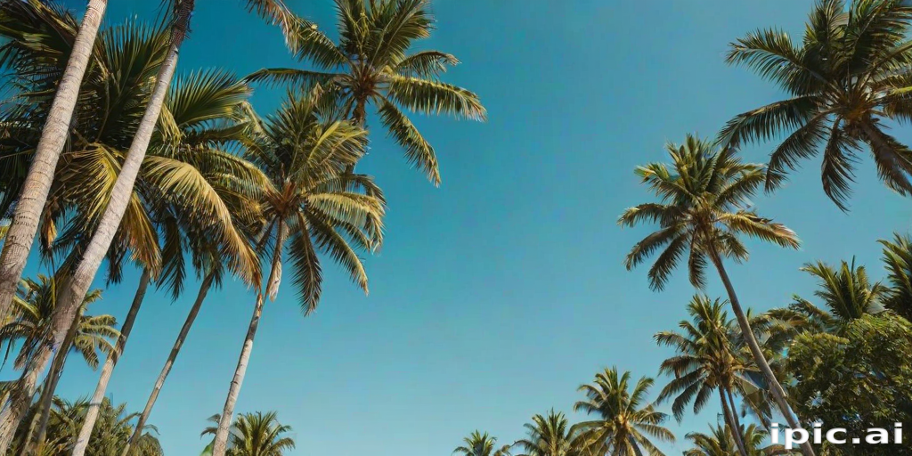 Tranquil Tropical Scene with Lush Palm Trees Against a Clear Blue Sky
