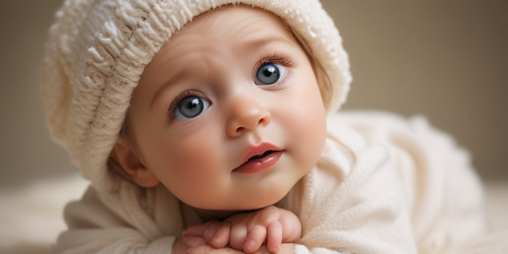 Adorable Baby with Big Blue Eyes Wearing a Cozy White Hat.