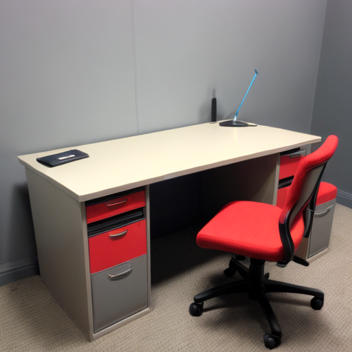 side view office desk and chair, some office props on the desk