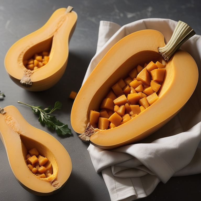 Freshly Cut Butternut Squash Filled with Vibrant Orange Cubes on Display