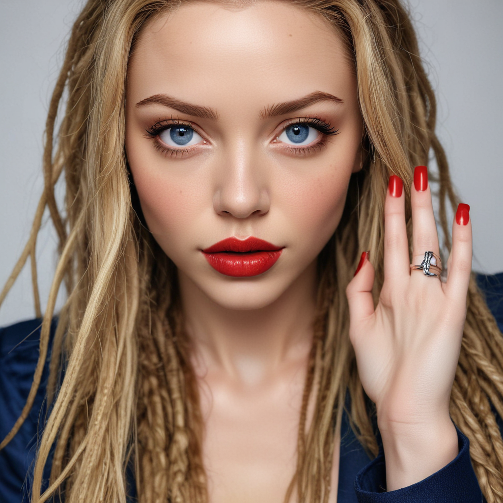 Amanda Seyfried with overknee boots, red lips, blue eyes, blue make up ...