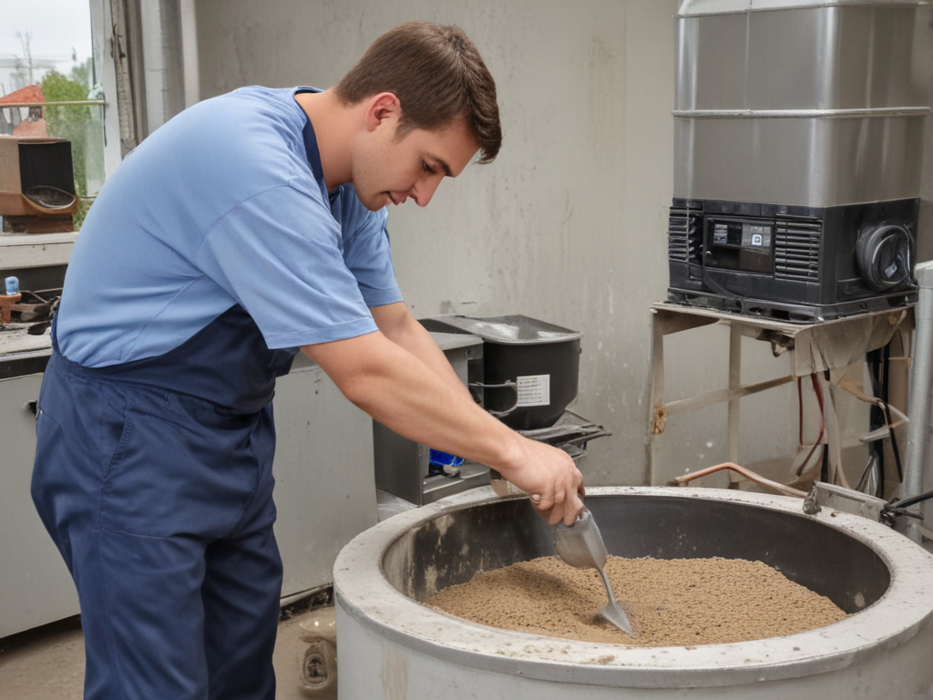 Man Laboratory Technician, sieving aggregate, mixer, concrete.