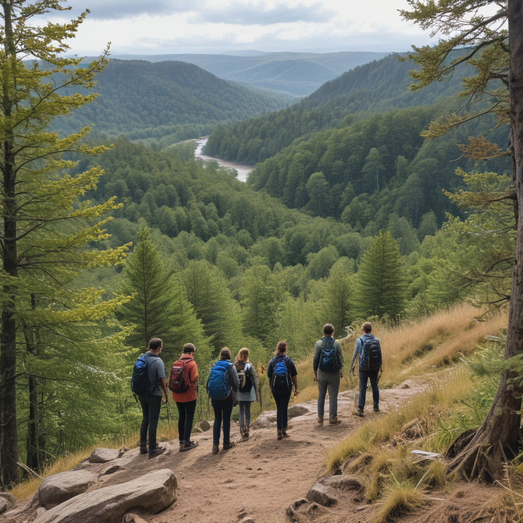 Seven People from the back in the nature scouting out at a beautiful ...
