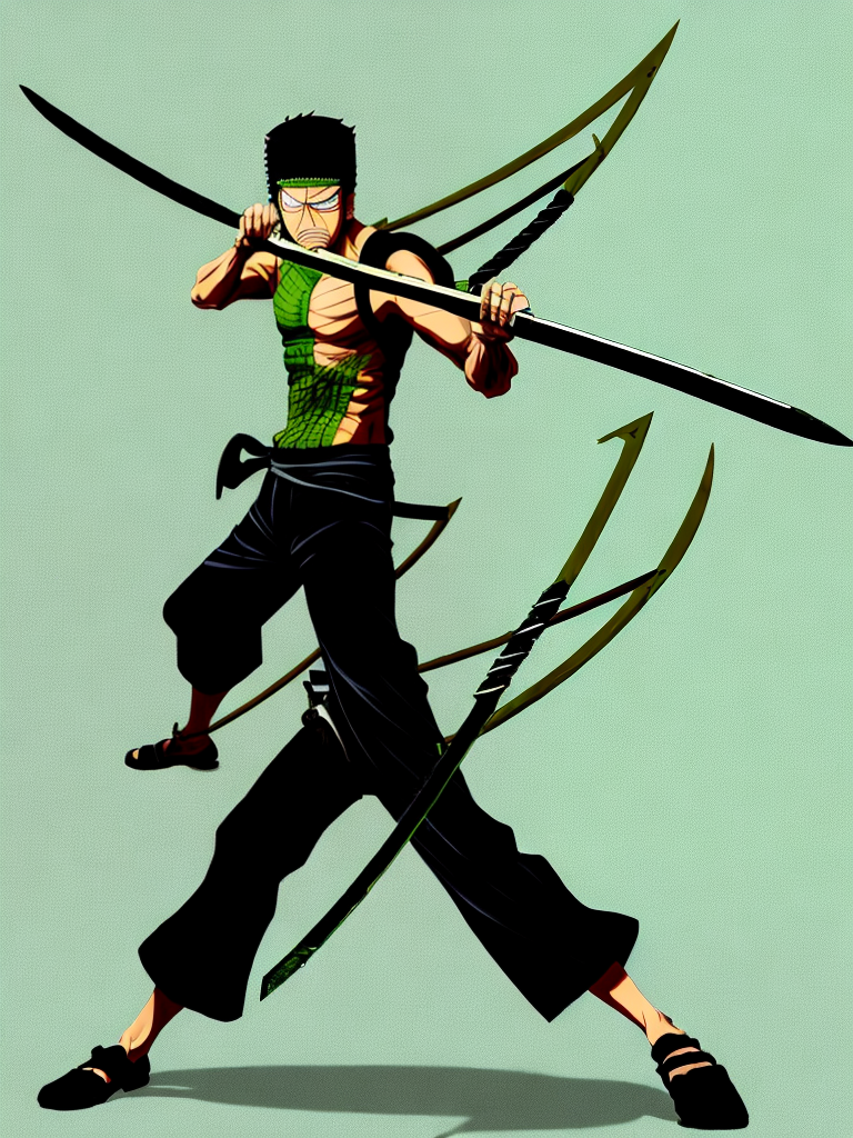 Roronoa Zoro))) in an intense battle stance, wielding his three swords ...