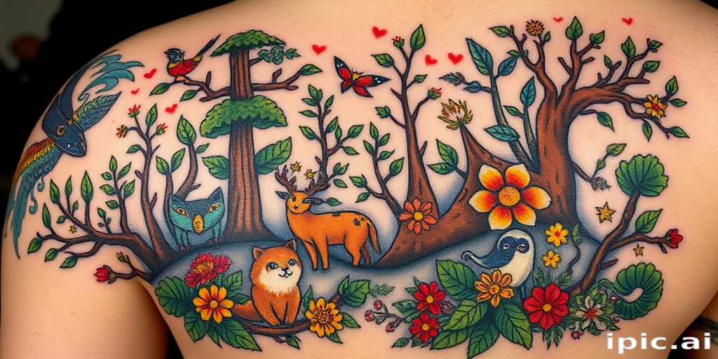 Vibrant Nature-Themed Tattoo Featuring Animals, Flowers, and Lush Trees