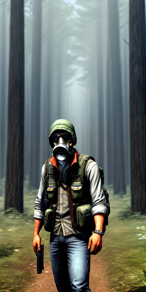 a guy with a vest and a gas mask on a dayz forest