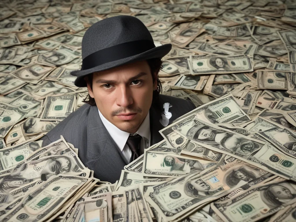 Man Dressed in Suit and Hat Surrounded by Piles of Cash
