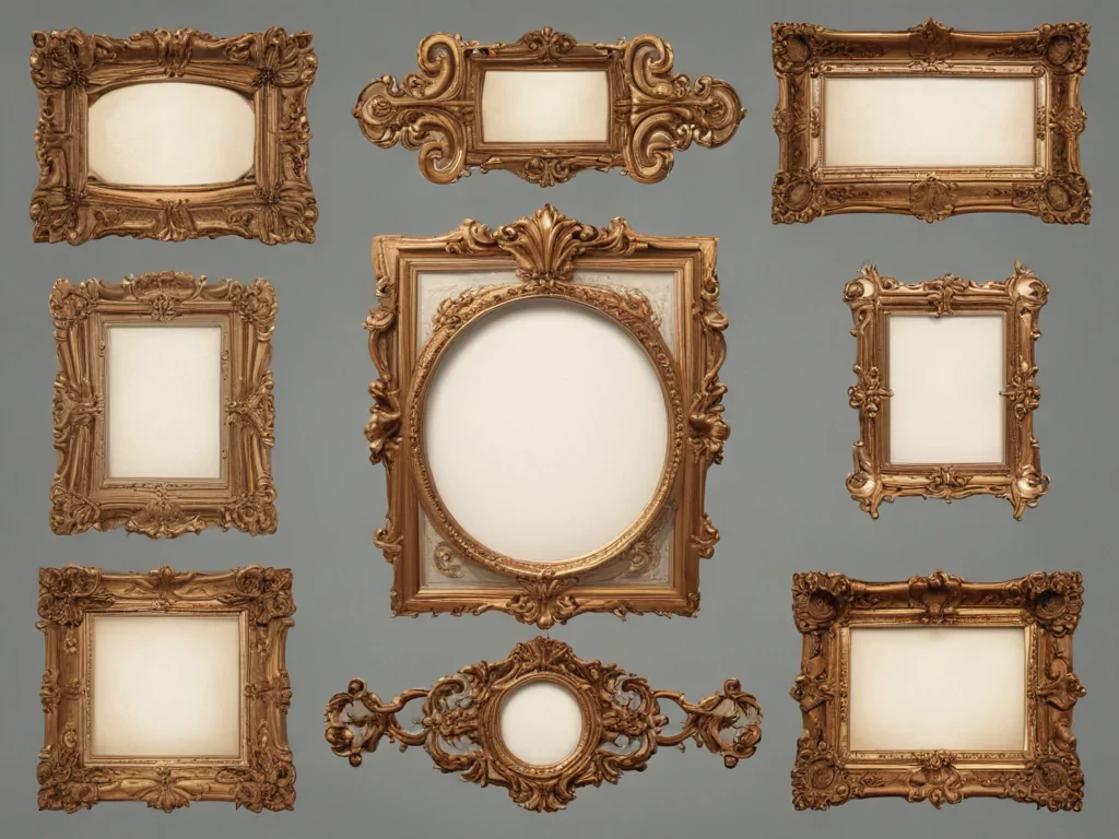 A Collection of Ornate Vintage Picture Frames on a Gray Background