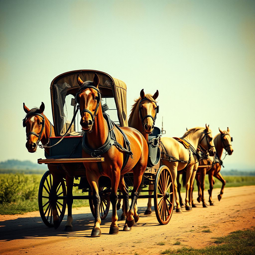 Majestic Horses Pulling a Classic Carriage Along a Scenic Country Road