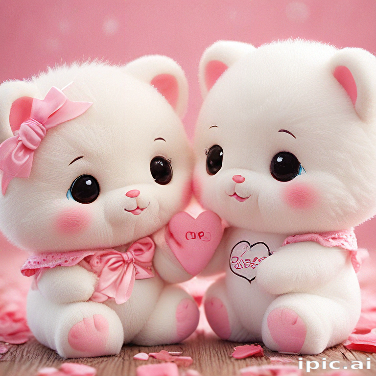 Cute Adorable Plush Bears Holding a Heart on a Pink Background