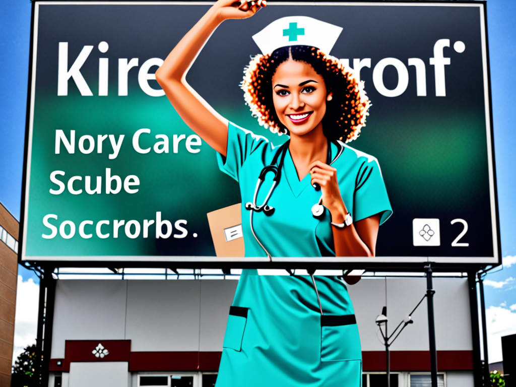 A PICTURE OF A NURSE ON A BILLBOARD THAT SAYS BEYOND CARE SCRUBS