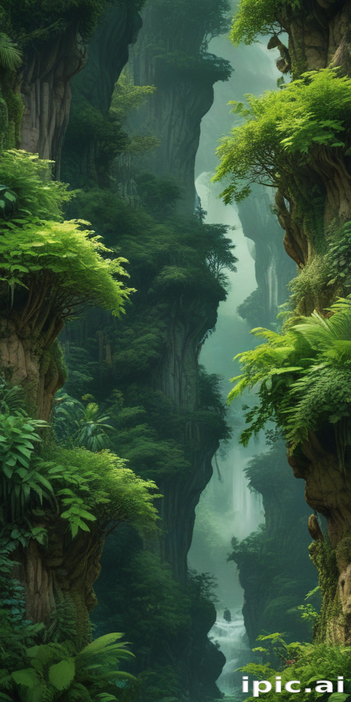 A Serene Jungle Canyon Surrounded by Lush Greenery and Misty Atmosphere.