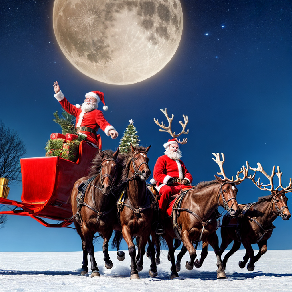 dramatic way of santa on his sled with reindeers by night