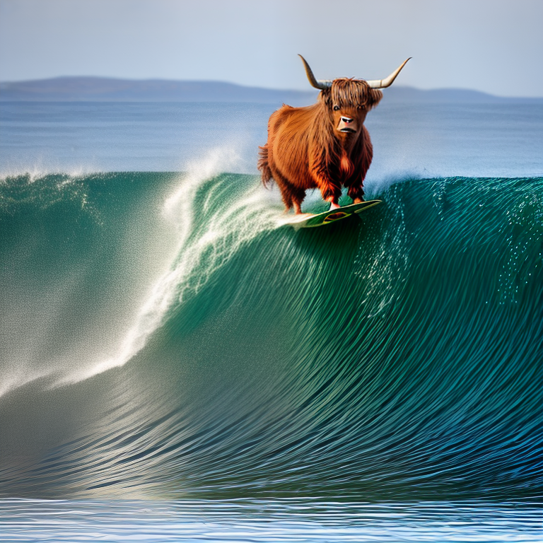 Highland cow surfing