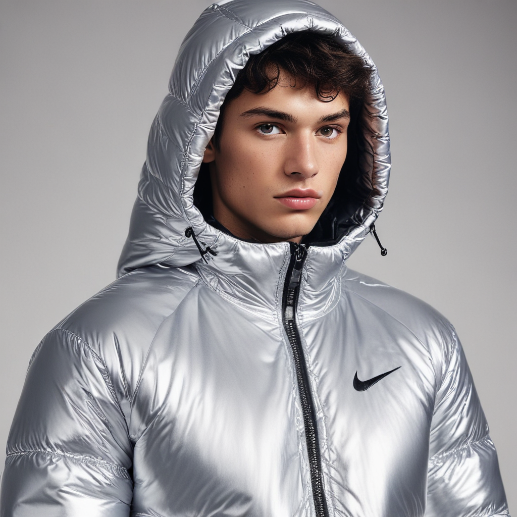 male supermodel nike shiny super puffer jacket bling jewellery hood