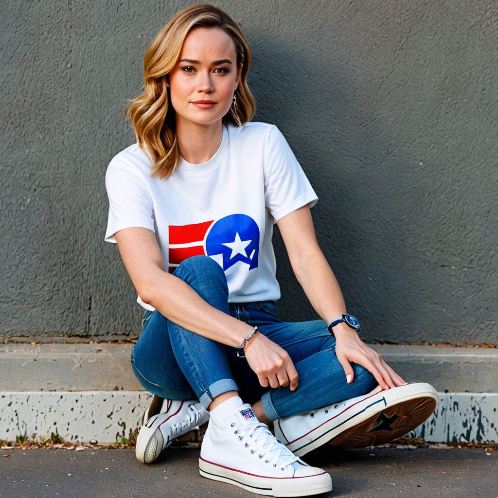 Mcu Brie Larson Carol Danvers Sitting in White Shirt, Blue Jeans, White ...