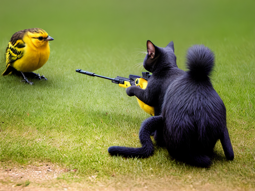 Cat pointing gun at a yellow bird