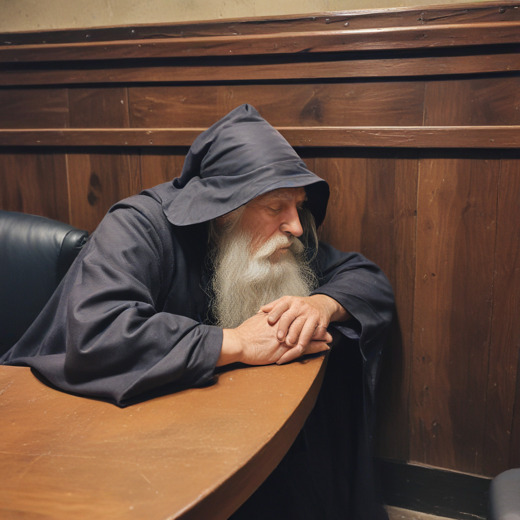 old wizard sleeping head down in back booth