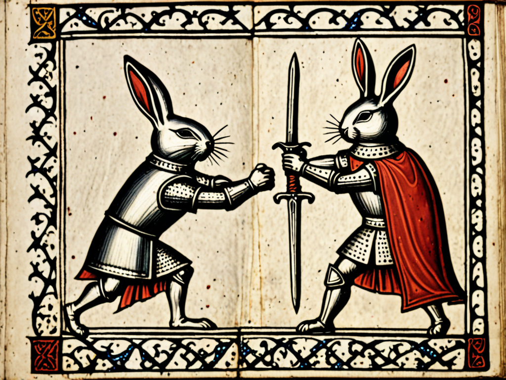 sacra marginalia medeival rabbits fight a knight