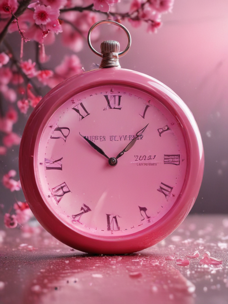 A Beautiful Pink Pocket Watch Surrounded by Delicate Cherry Blossom Petals