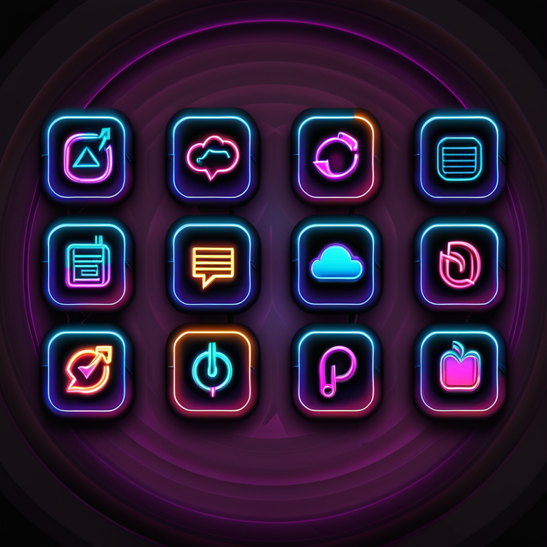 Colorful Neon Icons Representing Various Digital Functions and Applications