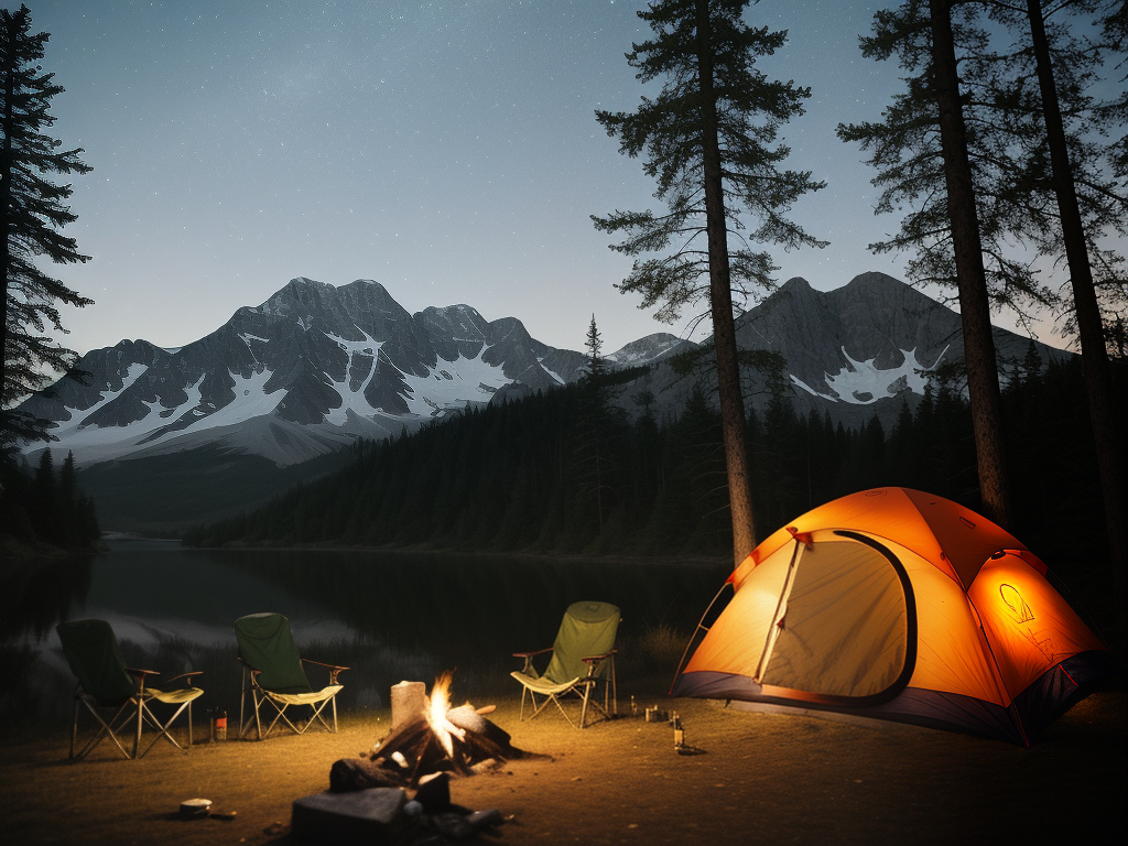 Peaceful Camping Evening by the Lake with Mountains Under Starry Sky