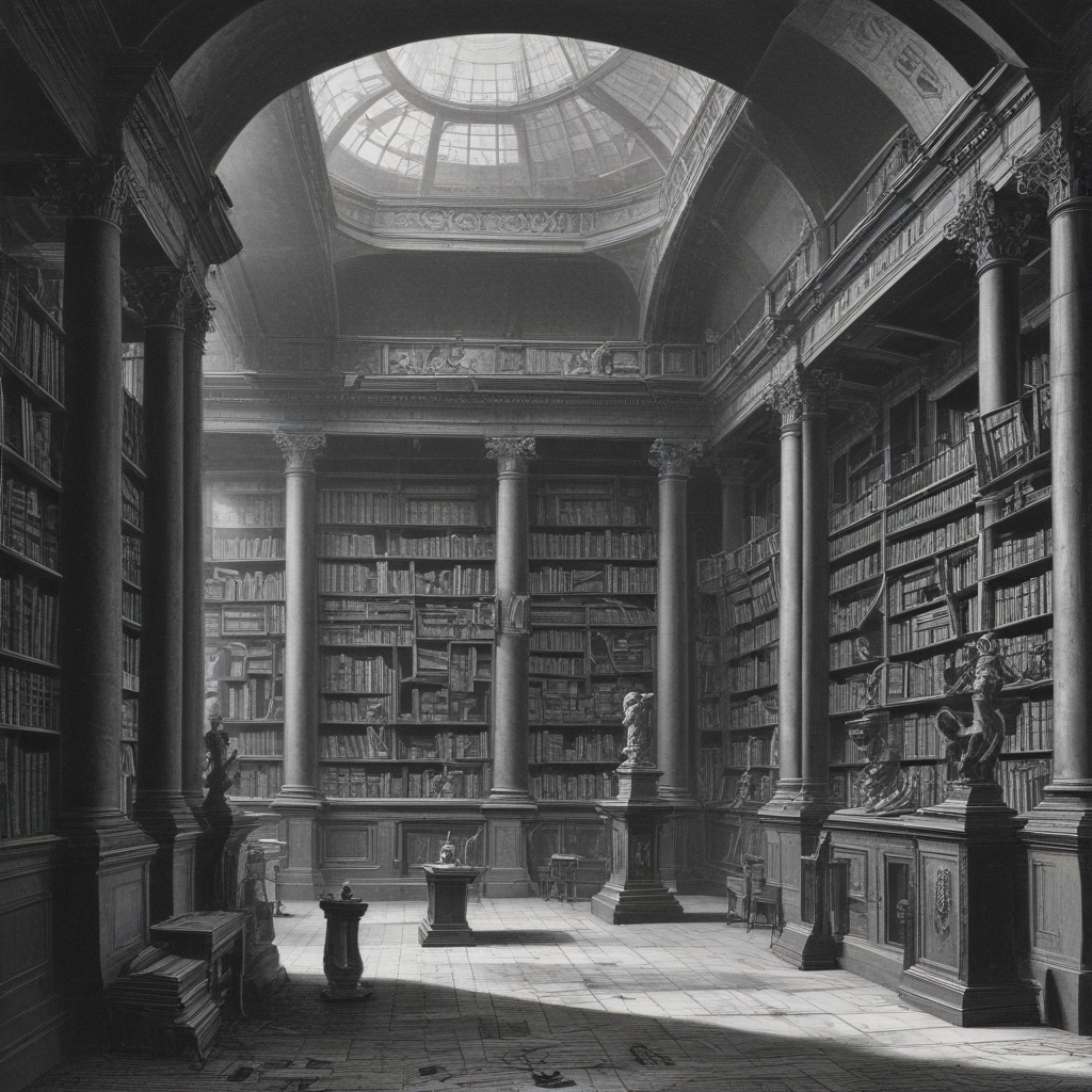 An etching showing the Royal library, in the style of Piranesi.
