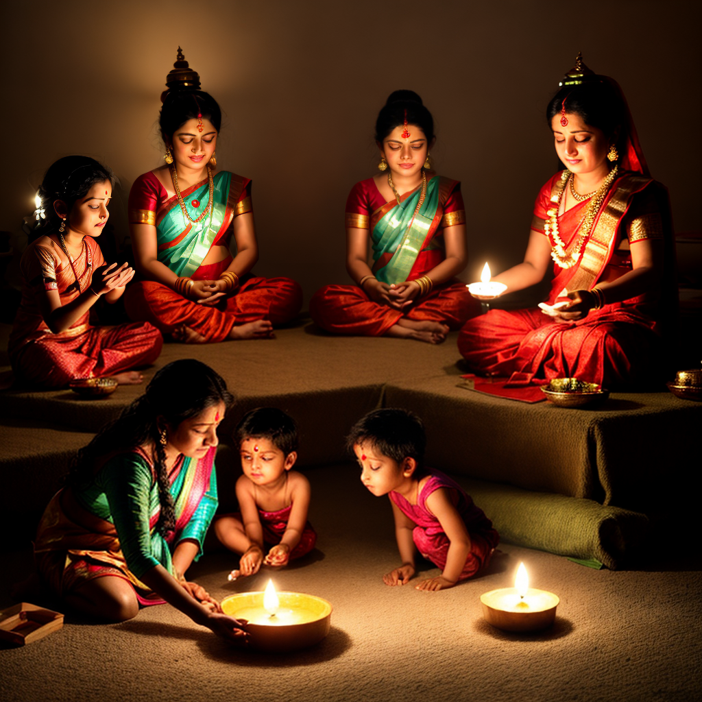 A traditional scene of a family performing puja (worship) at home with ...