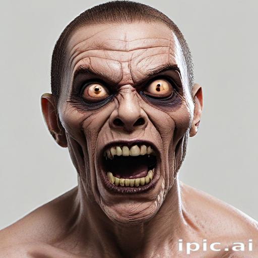 Terrifying Portrait of a Distorted Face with Expressions of Fear and Rage