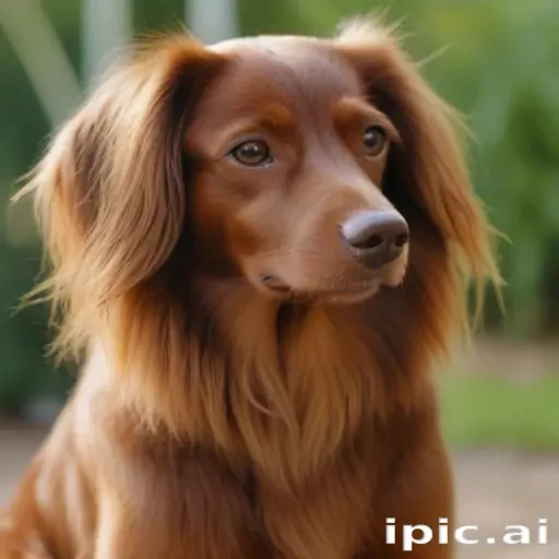 A Beautiful Brown Dog with Long Fur Sitting Calmly Outdoors in Nature.